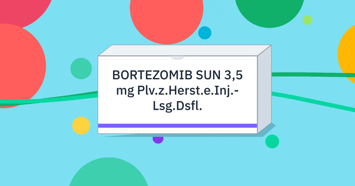 Symbolbild: Packung mit der Aufschrift BORTEZOMIB SUN 3,5 mg Plv.z.Herst.e.Inj.-Lsg.Dsfl. (PZN 16836404) – Verfügbarkeit und Bezug in Apotheken in Frankfurt am Main