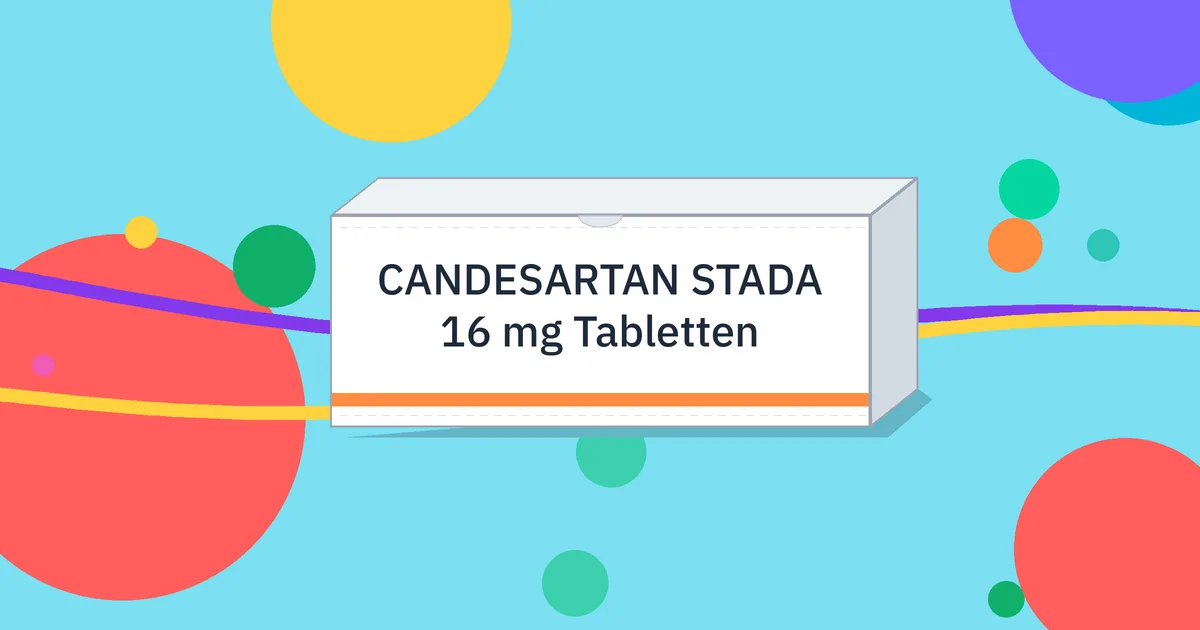 Symbolbild: Packung mit der Aufschrift CANDESARTAN STADA 16 mg Tabletten (PZN 09443176) – Verfügbarkeit und Bezug in Apotheken in Frankfurt am Main