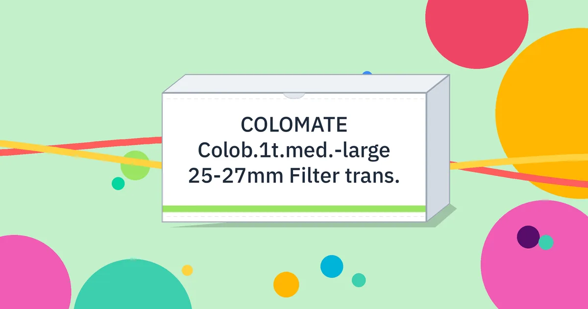 Symbolbild: Packung mit der Aufschrift COLOMATE Colob.1t.med.-large 25-27mm Filter trans. (PZN 10098388) – Verfügbarkeit und Bezug in Apotheken in Frankfurt am Main