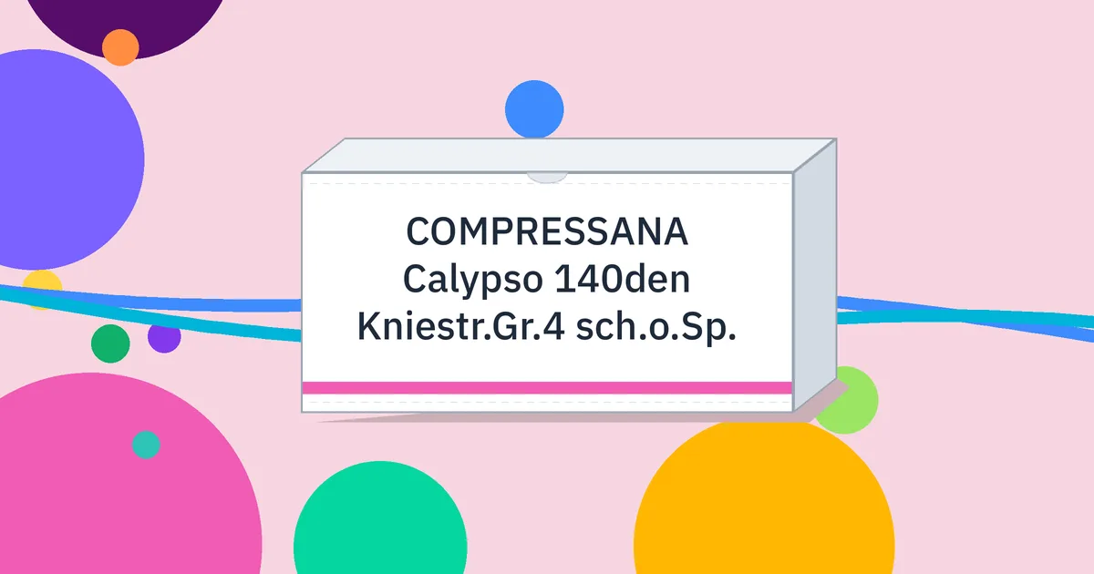 Symbolbild: Packung mit der Aufschrift COMPRESSANA Calypso 140den Kniestr.Gr.4 sch.o.Sp. (PZN 09076921) – Verfügbarkeit und Bezug in Apotheken in Frankfurt am Main