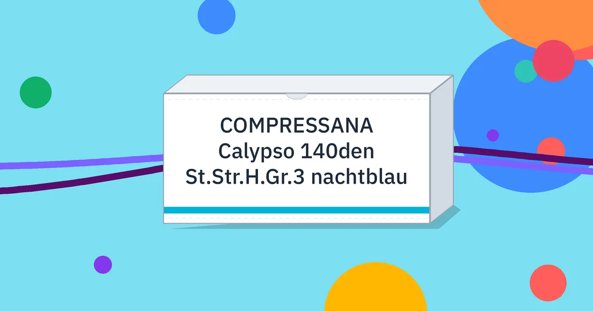 Symbolbild: Packung mit der Aufschrift COMPRESSANA Calypso 140den St.Str.H.Gr.3 nachtblau (PZN 11217837) – Verfügbarkeit und Bezug in Apotheken in Frankfurt am Main