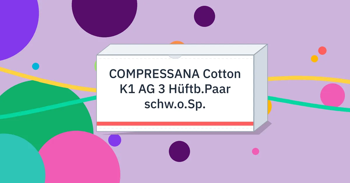 Symbolbild: Packung mit der Aufschrift COMPRESSANA Cotton K1 AG 3 Hüftb.Paar schw.o.Sp. (PZN 12980469) – Verfügbarkeit und Bezug in Apotheken in Frankfurt am Main