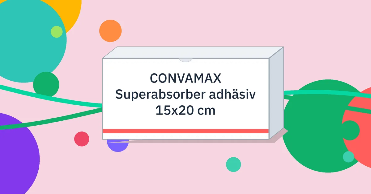 Symbolbild: Packung mit der Aufschrift CONVAMAX Superabsorber adhäsiv 15x20 cm (PZN 15634495) – Verfügbarkeit und Bezug in Apotheken in Frankfurt am Main