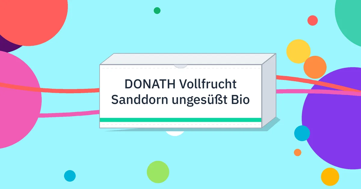 Symbolbild: Packung mit der Aufschrift DONATH Vollfrucht Sanddorn ungesüßt Bio (PZN 09781217) – Verfügbarkeit und Bezug in Apotheken in Frankfurt am Main