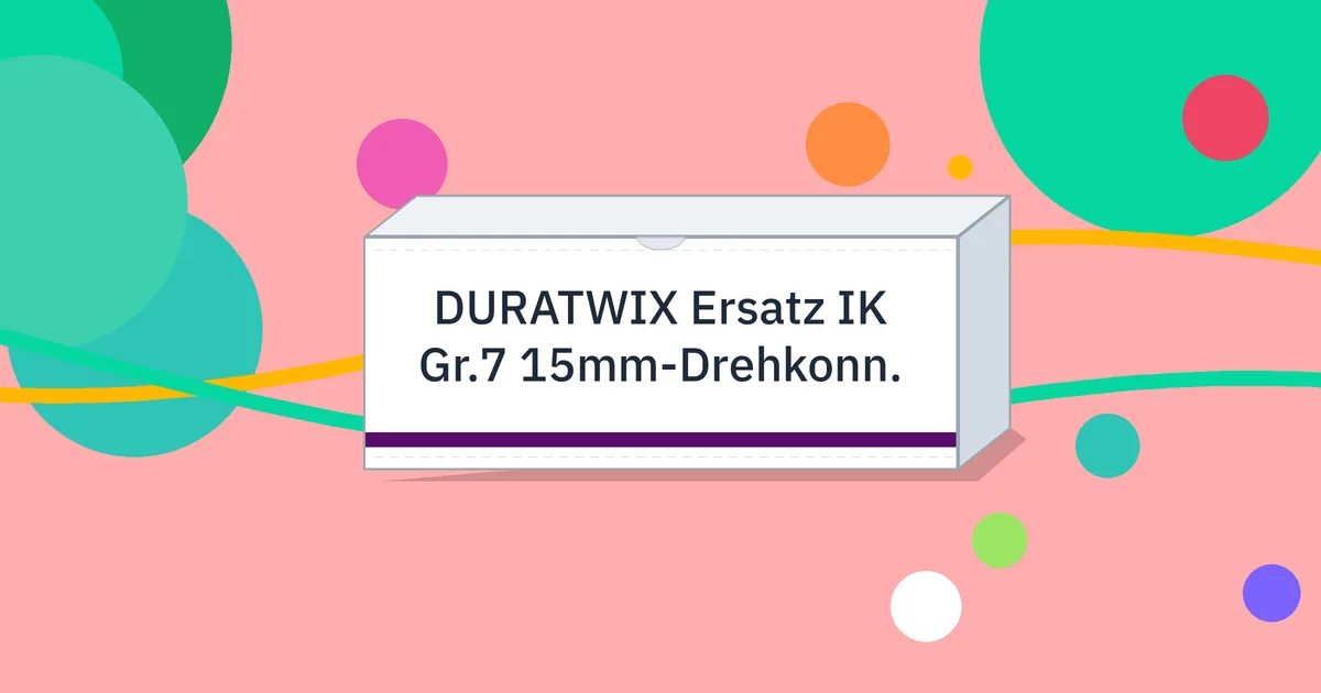 Symbolbild: Packung mit der Aufschrift DURATWIX Ersatz IK Gr.7 15mm-Drehkonn. (PZN 06976713) – Verfügbarkeit und Bezug in Apotheken in Frankfurt am Main