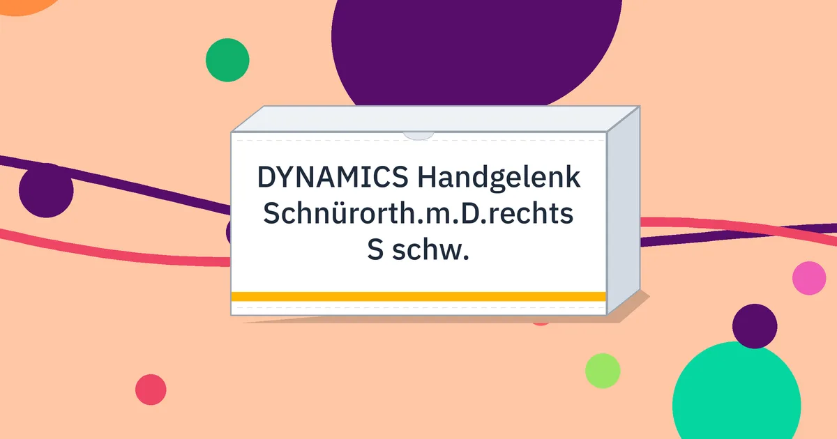 Symbolbild: Packung mit der Aufschrift DYNAMICS Handgelenk Schnürorth.m.D.rechts S schw. (PZN 10632882) – Verfügbarkeit und Bezug in Apotheken in Frankfurt am Main