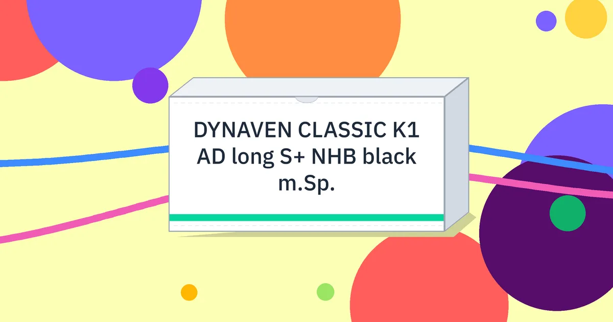 Symbolbild: Packung mit der Aufschrift DYNAVEN CLASSIC K1 AD long S+ NHB black m.Sp. (PZN 18415109) – Verfügbarkeit und Bezug in Apotheken in Frankfurt am Main