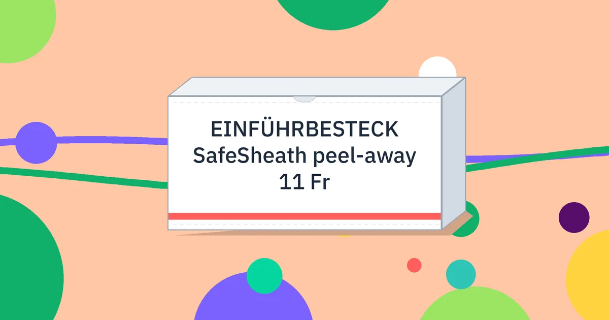 Symbolbild: Packung mit der Aufschrift EINFÜHRBESTECK SafeSheath peel-away 11 Fr (PZN 13574139) – Verfügbarkeit und Bezug in Apotheken in Frankfurt am Main