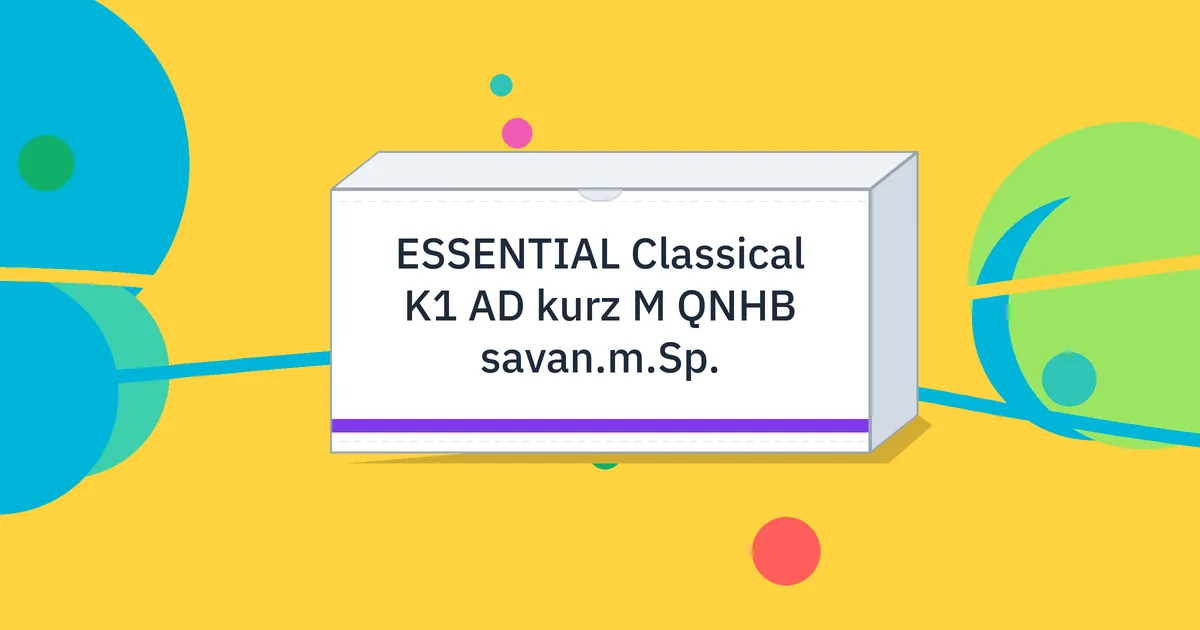 Symbolbild: Packung mit der Aufschrift ESSENTIAL Classical K1 AD kurz M QNHB savan.m.Sp. (PZN 18867136) – Verfügbarkeit und Bezug in Apotheken in Frankfurt am Main