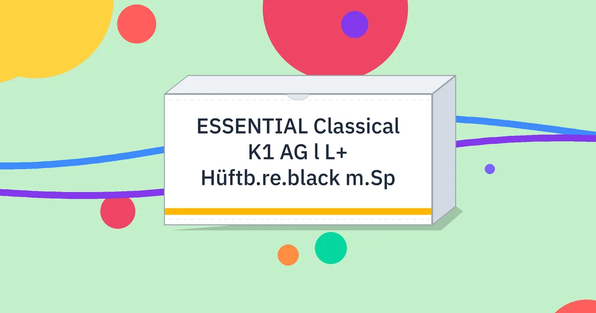 Symbolbild: Packung mit der Aufschrift ESSENTIAL Classical K1 AG l L+ Hüftb.re.black m.Sp (PZN 17013716) – Verfügbarkeit und Bezug in Apotheken in Frankfurt am Main