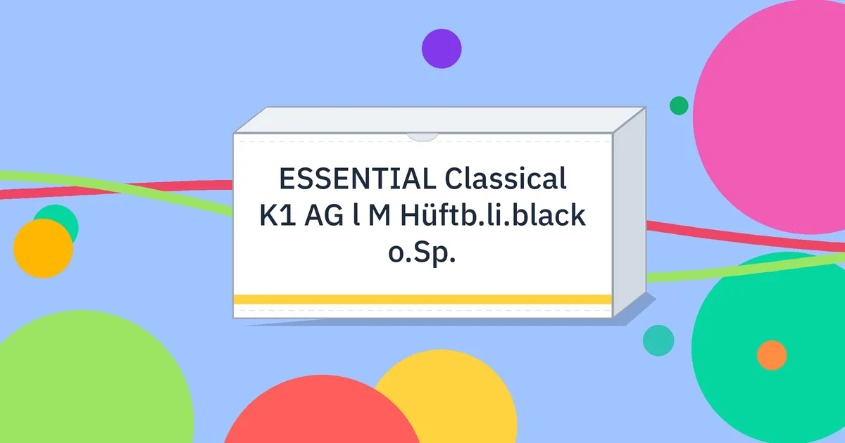 Symbolbild: Packung mit der Aufschrift ESSENTIAL Classical K1 AG l M Hüftb.li.black o.Sp. (PZN 17013159) – Verfügbarkeit und Bezug in Apotheken in Frankfurt am Main