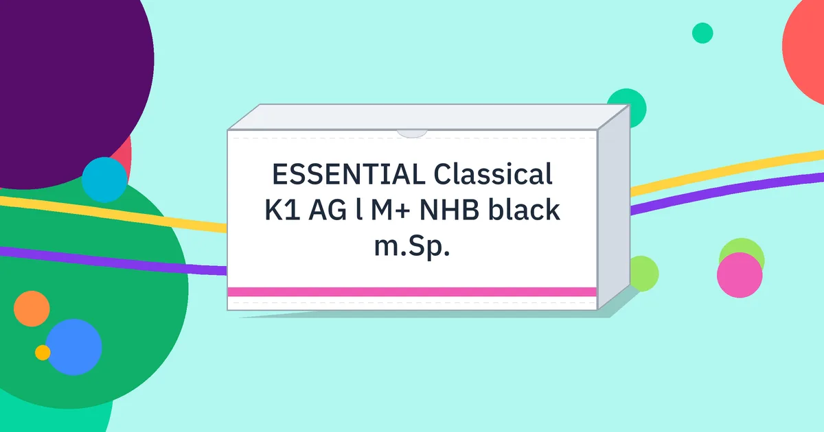 Symbolbild: Packung mit der Aufschrift ESSENTIAL Classical K1 AG l M+ NHB black m.Sp. (PZN 17002629) – Verfügbarkeit und Bezug in Apotheken in Frankfurt am Main