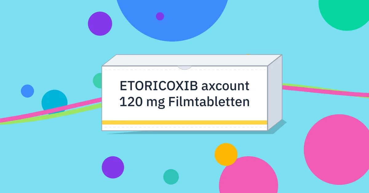 Symbolbild: Packung mit der Aufschrift ETORICOXIB axcount 120 mg Filmtabletten (PZN 16742407) – Verfügbarkeit und Bezug in Apotheken in Frankfurt am Main