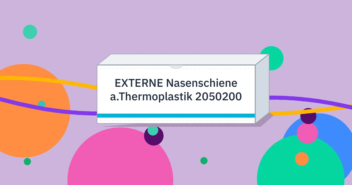 Symbolbild: Packung mit der Aufschrift EXTERNE Nasenschiene a.Thermoplastik 2050200 (PZN 00766908) – Verfügbarkeit und Bezug in Apotheken in Frankfurt am Main