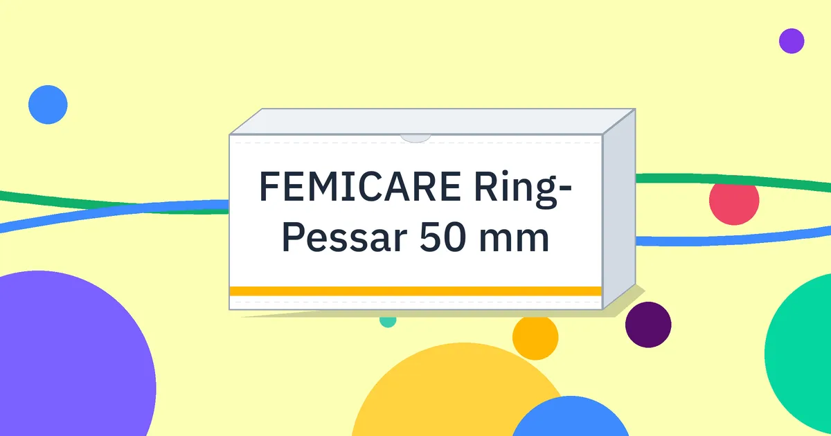 Symbolbild: Packung mit der Aufschrift FEMICARE Ring-Pessar 50 mm (PZN 19336004) – Verfügbarkeit und Bezug in Apotheken in Frankfurt am Main