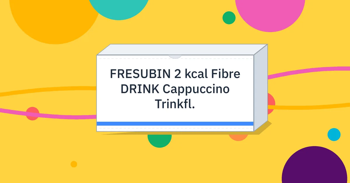 Symbolbild: Packung mit der Aufschrift FRESUBIN 2 kcal Fibre DRINK Cappuccino Trinkfl. (PZN 20191976) – Verfügbarkeit und Bezug in Apotheken in Frankfurt am Main