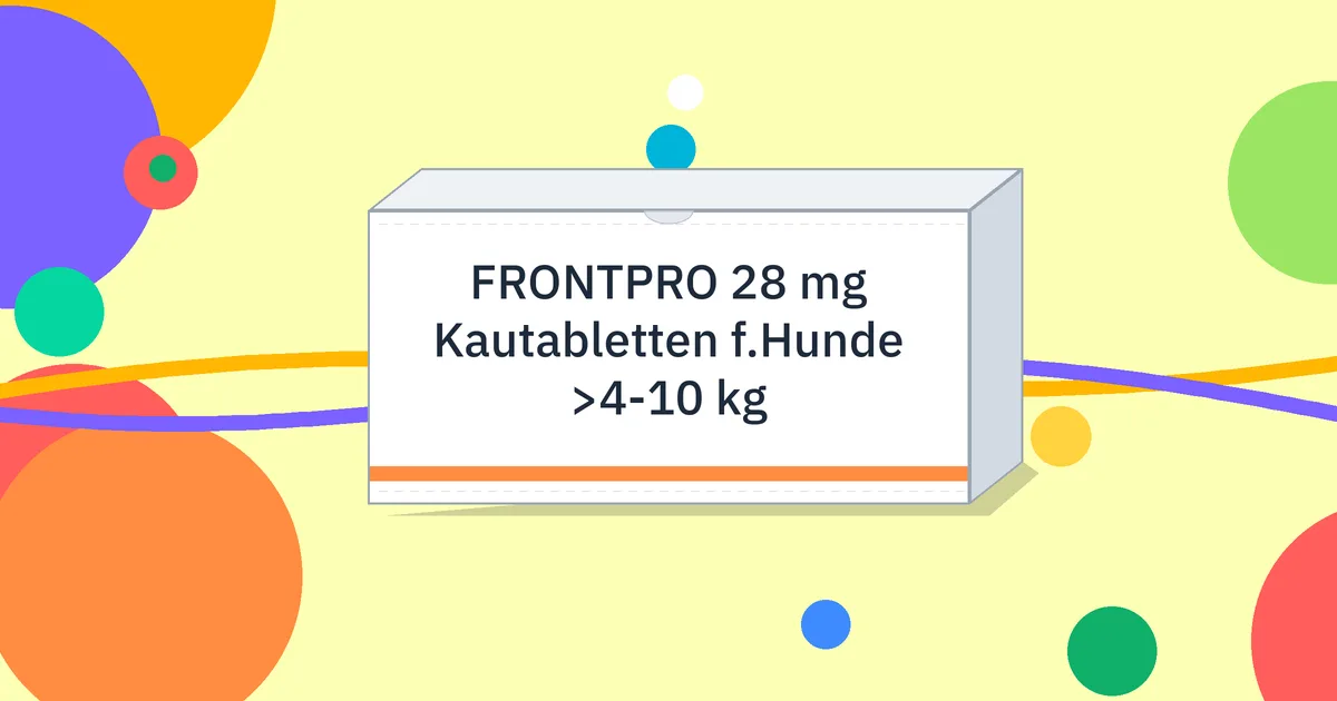 Symbolbild: Packung mit der Aufschrift FRONTPRO 28 mg Kautabletten f.Hunde >4-10 kg (PZN 18654280) – Verfügbarkeit und Bezug in Apotheken in Frankfurt am Main