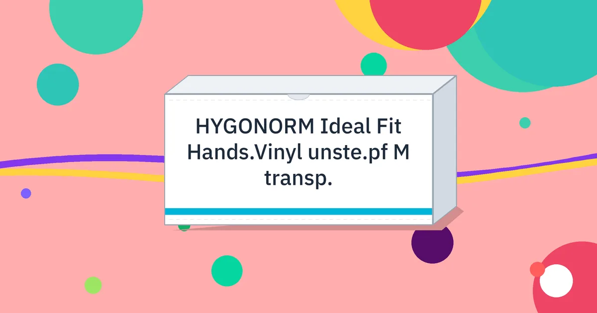 Symbolbild: Packung mit der Aufschrift HYGONORM Ideal Fit Hands.Vinyl unste.pf M transp. (PZN 20775298) – Verfügbarkeit und Bezug in Apotheken in Frankfurt am Main
