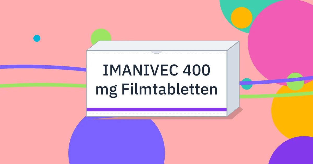 Symbolbild: Packung mit der Aufschrift IMANIVEC 400 mg Filmtabletten (PZN 12510551) – Verfügbarkeit und Bezug in Apotheken in Frankfurt am Main