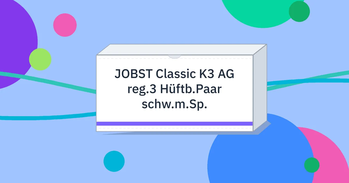 Symbolbild: Packung mit der Aufschrift JOBST Classic K3 AG reg.3 Hüftb.Paar schw.m.Sp. (PZN 13075933) – Verfügbarkeit und Bezug in Apotheken in Frankfurt am Main