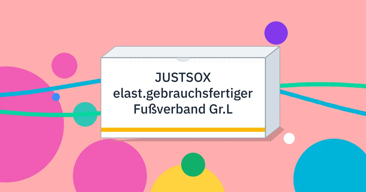 Symbolbild: Packung mit der Aufschrift JUSTSOX elast.gebrauchsfertiger Fußverband Gr.L (PZN 20130319) – Verfügbarkeit und Bezug in Apotheken in Frankfurt am Main