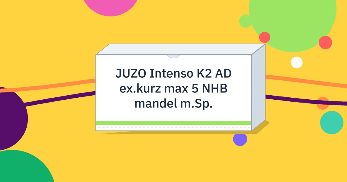 Symbolbild: Packung mit der Aufschrift JUZO Intenso K2 AD ex.kurz max 5 NHB mandel m.Sp. (PZN 18610549) – Verfügbarkeit und Bezug in Apotheken in Frankfurt am Main