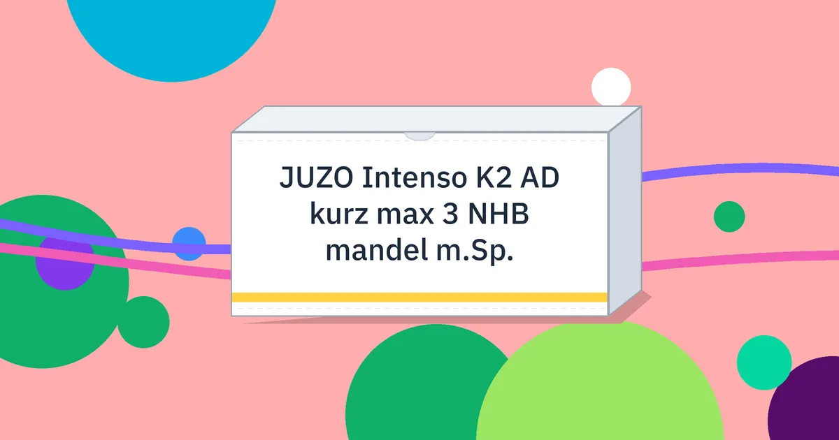 Symbolbild: Packung mit der Aufschrift JUZO Intenso K2 AD kurz max 3 NHB mandel m.Sp. (PZN 18612293) – Verfügbarkeit und Bezug in Apotheken in Frankfurt am Main