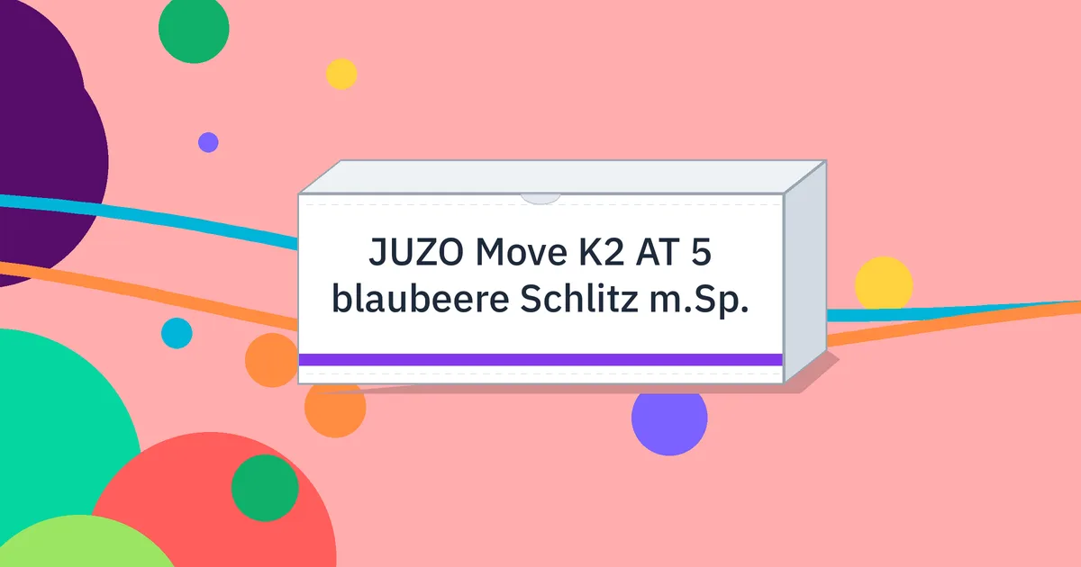 Symbolbild: Packung mit der Aufschrift JUZO Move K2 AT 5 blaubeere Schlitz m.Sp. (PZN 20668786) – Verfügbarkeit und Bezug in Apotheken in Frankfurt am Main