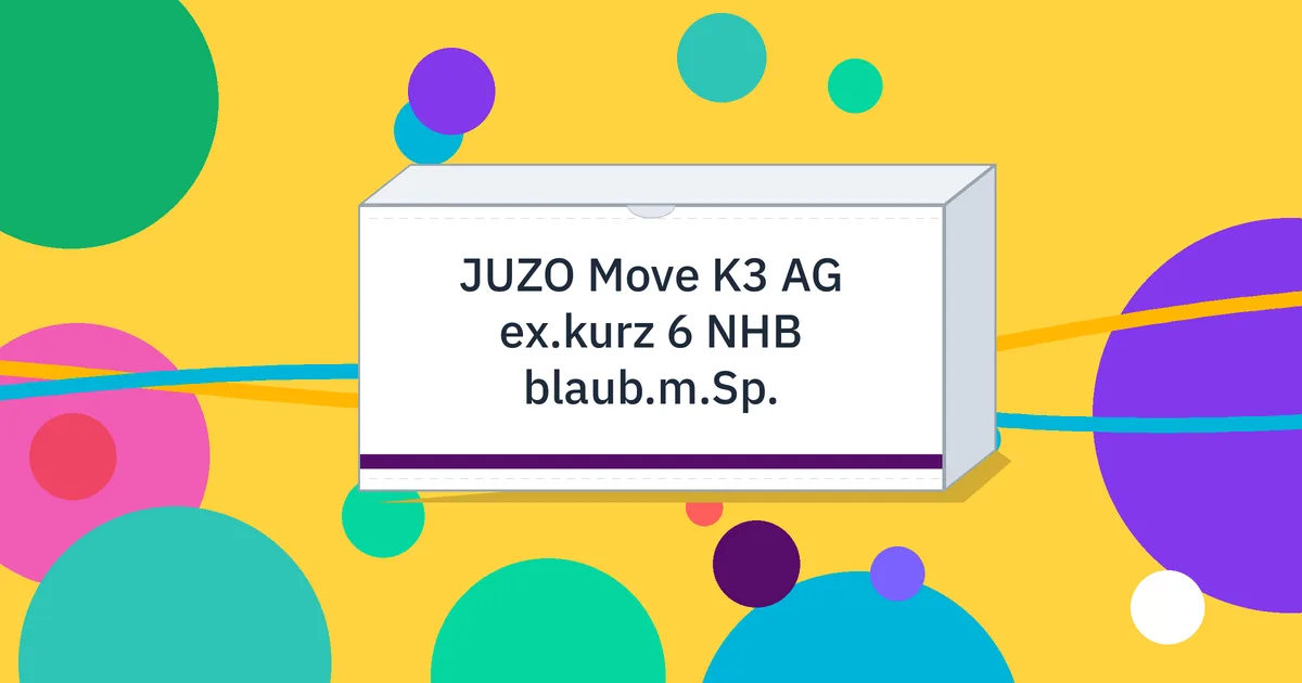 Symbolbild: Packung mit der Aufschrift JUZO Move K3 AG ex.kurz 6 NHB blaub.m.Sp. (PZN 18594974) – Verfügbarkeit und Bezug in Apotheken in Frankfurt am Main