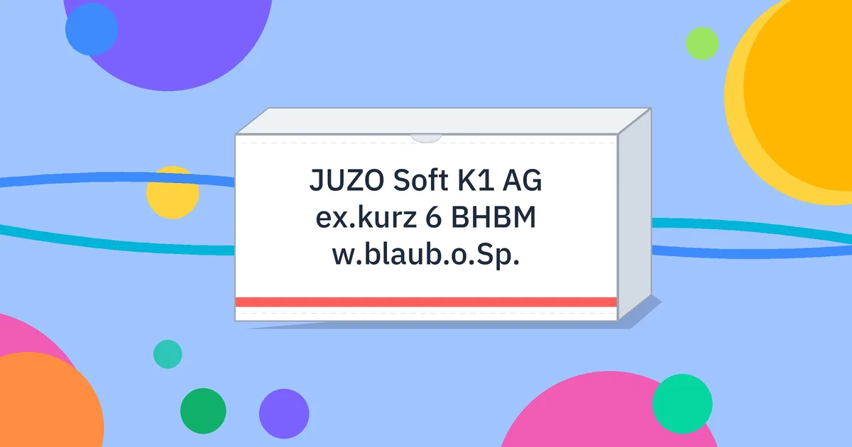 Symbolbild: Packung mit der Aufschrift JUZO Soft K1 AG ex.kurz 6 BHBM w.blaub.o.Sp. (PZN 14866335) – Verfügbarkeit und Bezug in Apotheken in Frankfurt am Main