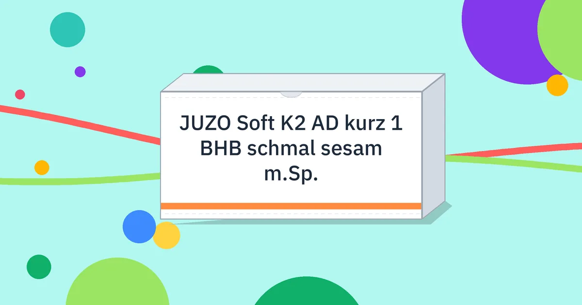 Symbolbild: Packung mit der Aufschrift JUZO Soft K2 AD kurz 1 BHB schmal sesam m.Sp. (PZN 15465650) – Verfügbarkeit und Bezug in Apotheken in Frankfurt am Main