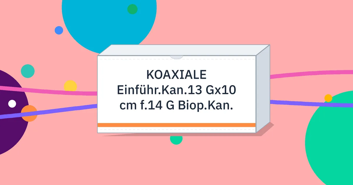 Symbolbild: Packung mit der Aufschrift KOAXIALE Einführ.Kan.13 Gx10 cm f.14 G Biop.Kan. (PZN 06903660) – Verfügbarkeit und Bezug in Apotheken in Frankfurt am Main