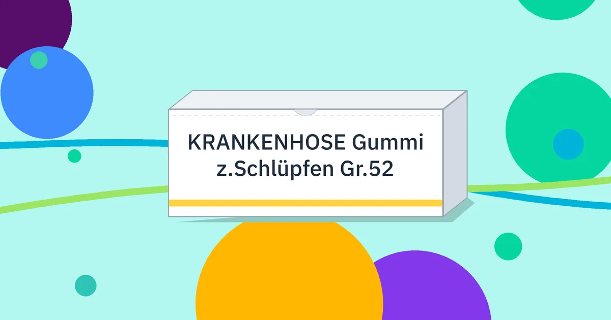 Symbolbild: Packung mit der Aufschrift KRANKENHOSE Gummi z.Schlüpfen Gr.52 (PZN 01740839) – Verfügbarkeit und Bezug in Apotheken in Frankfurt am Main