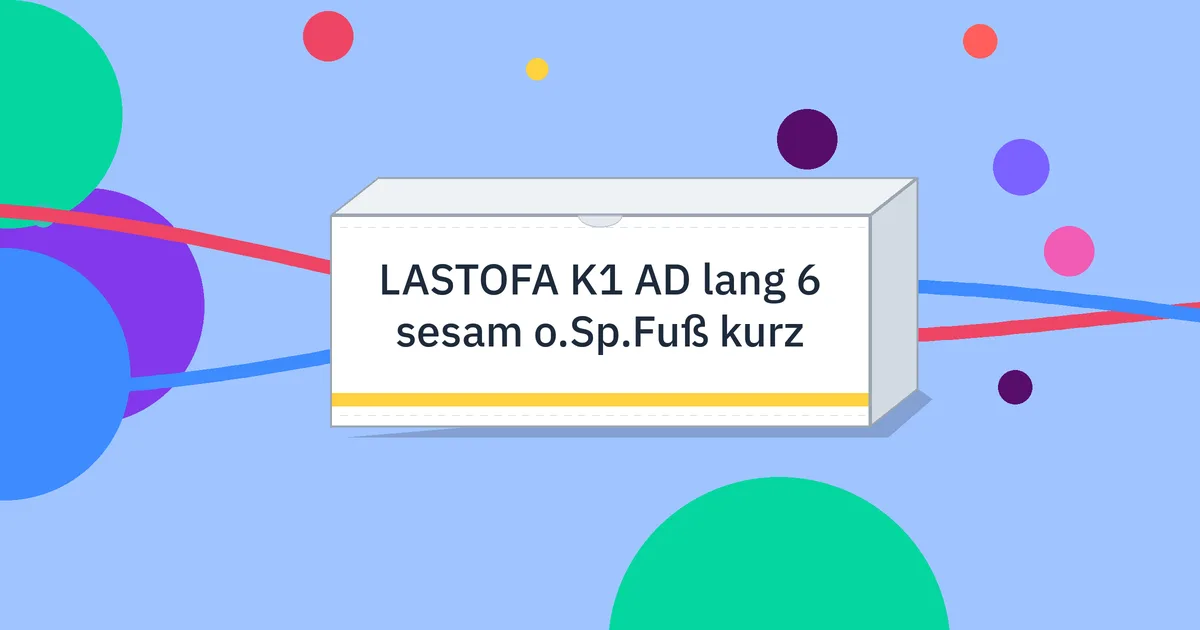 Symbolbild: Packung mit der Aufschrift LASTOFA K1 AD lang 6 sesam o.Sp.Fuß kurz (PZN 13788248) – Verfügbarkeit und Bezug in Apotheken in Frankfurt am Main