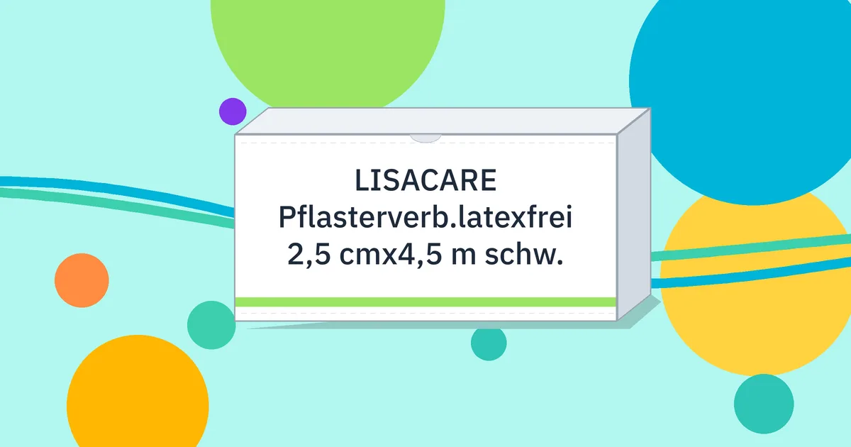 Symbolbild: Packung mit der Aufschrift LISACARE Pflasterverb.latexfrei 2,5 cmx4,5 m schw. (PZN 18324743) – Verfügbarkeit und Bezug in Apotheken in Frankfurt am Main
