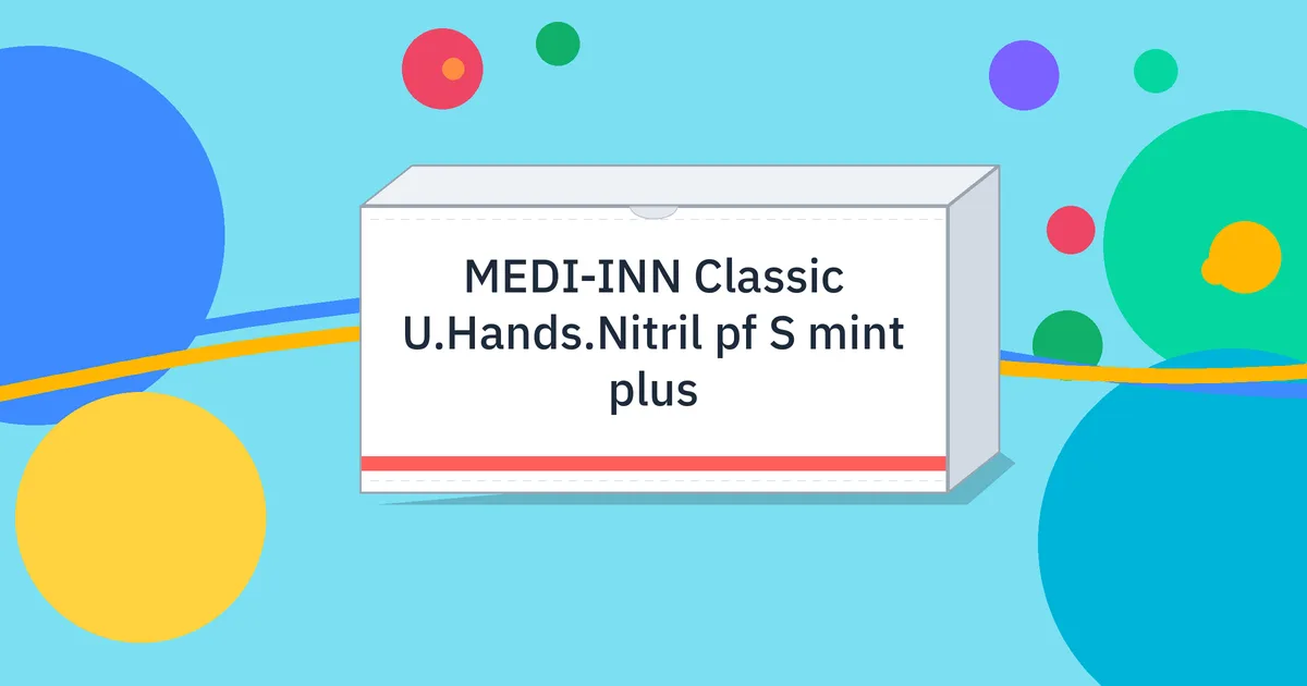 Symbolbild: Packung mit der Aufschrift MEDI-INN Classic U.Hands.Nitril pf S mint plus (PZN 18445576) – Verfügbarkeit und Bezug in Apotheken in Frankfurt am Main