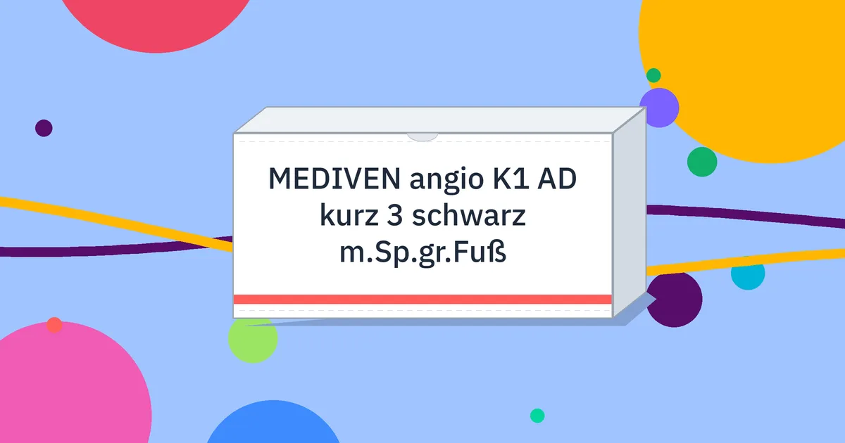 Symbolbild: Packung mit der Aufschrift MEDIVEN angio K1 AD kurz 3 schwarz m.Sp.gr.Fuß (PZN 17210523) – Verfügbarkeit und Bezug in Apotheken in Frankfurt am Main