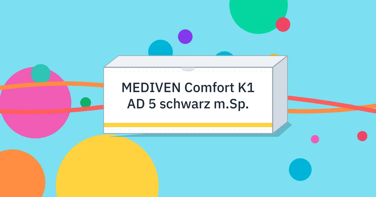 Symbolbild: Packung mit der Aufschrift MEDIVEN Comfort K1 AD 5 schwarz m.Sp. (PZN 04418506) – Verfügbarkeit und Bezug in Apotheken in Frankfurt am Main