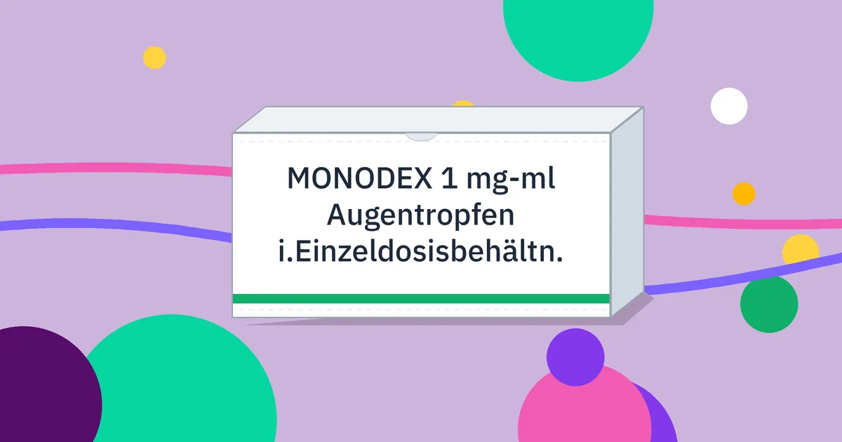 Symbolbild: Packung mit der Aufschrift MONODEX 1 mg-ml Augentropfen i.Einzeldosisbehältn. (PZN 05136112) – Verfügbarkeit und Bezug in Apotheken in Frankfurt am Main