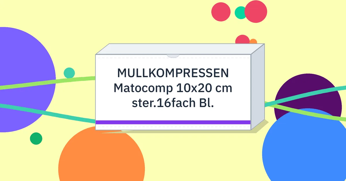 Symbolbild: Packung mit der Aufschrift MULLKOMPRESSEN Matocomp 10x20 cm ster.16fach Bl. (PZN 03378070) – Verfügbarkeit und Bezug in Apotheken in Frankfurt am Main