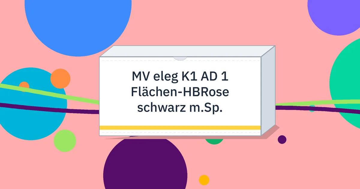 Symbolbild: Packung mit der Aufschrift MV eleg K1 AD 1 Flächen-HBRose schwarz m.Sp. (PZN 15667425) – Verfügbarkeit und Bezug in Apotheken in Frankfurt am Main