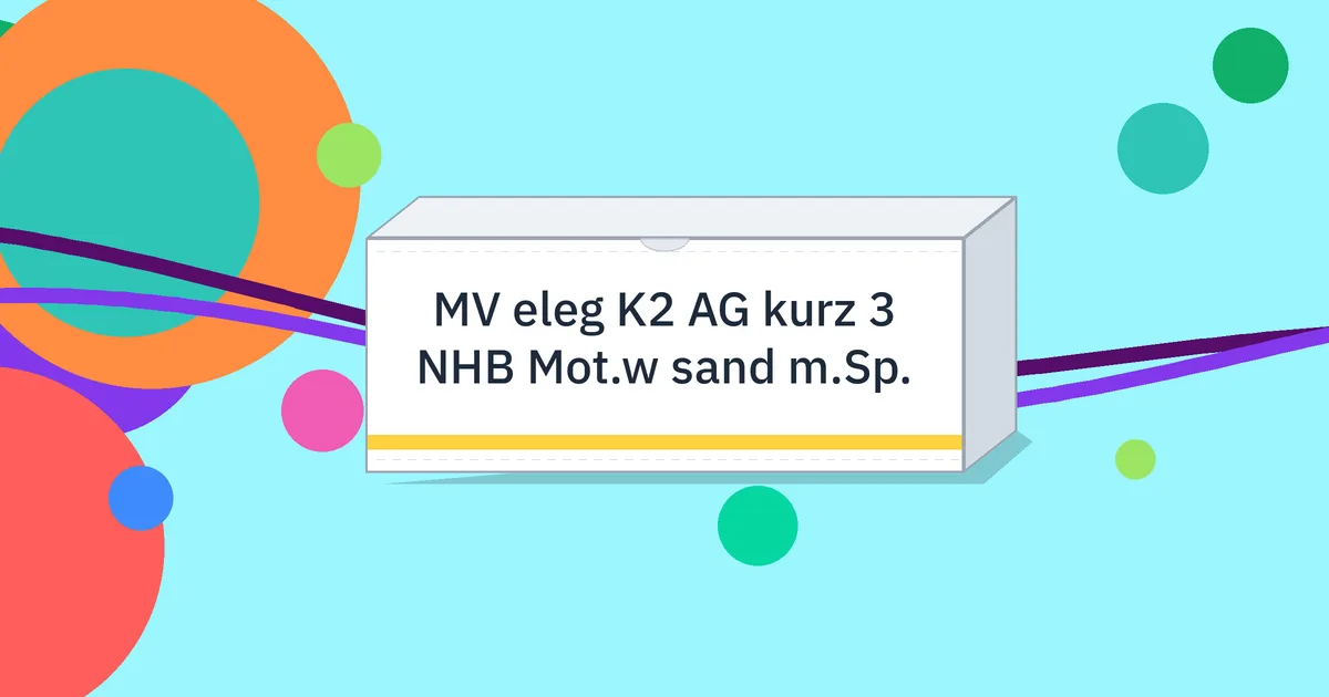 Symbolbild: Packung mit der Aufschrift MV eleg K2 AG kurz 3 NHB Mot.w sand m.Sp. (PZN 18928010) – Verfügbarkeit und Bezug in Apotheken in Frankfurt am Main