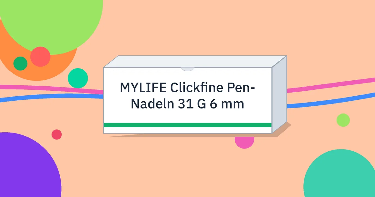 Symbolbild: Packung mit der Aufschrift MYLIFE Clickfine Pen-Nadeln 31 G 6 mm (PZN 10824914) – Verfügbarkeit und Bezug in Apotheken in Frankfurt am Main