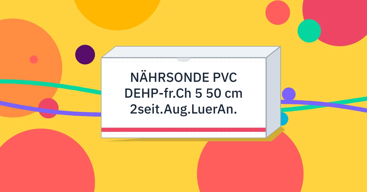Symbolbild: Packung mit der Aufschrift NÄHRSONDE PVC DEHP-fr.Ch 5 50 cm 2seit.Aug.LuerAn. (PZN 00564211) – Verfügbarkeit und Bezug in Apotheken in Frankfurt am Main