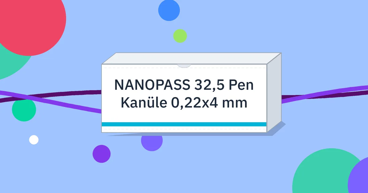 Symbolbild: Packung mit der Aufschrift NANOPASS 32,5 Pen Kanüle 0,22x4 mm (PZN 20611007) – Verfügbarkeit und Bezug in Apotheken in Frankfurt am Main