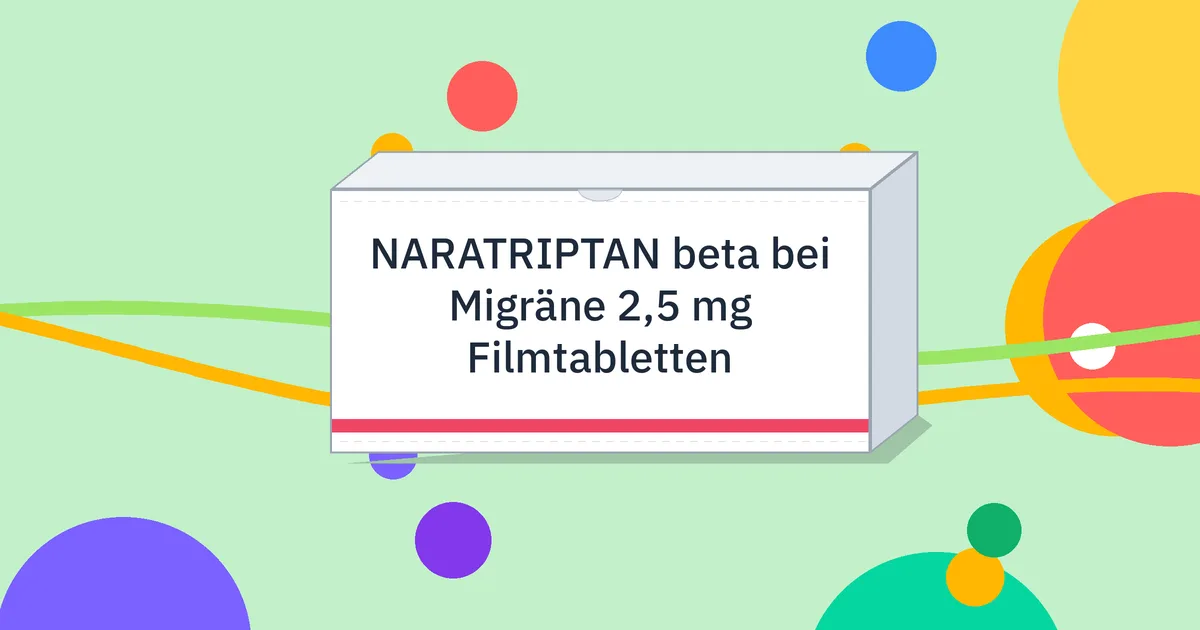 Symbolbild: Packung mit der Aufschrift NARATRIPTAN beta bei Migräne 2,5 mg Filmtabletten (PZN 16006134) – Verfügbarkeit und Bezug in Apotheken in Frankfurt am Main