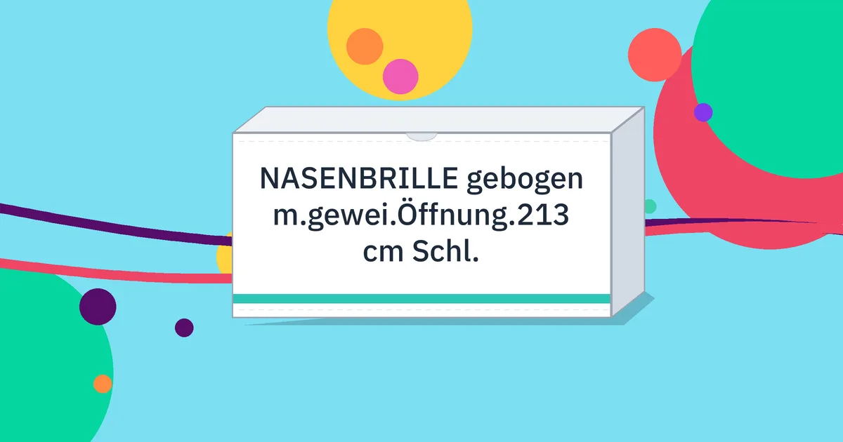 Symbolbild: Packung mit der Aufschrift NASENBRILLE gebogen m.gewei.Öffnung.213 cm Schl. (PZN 05974310) – Verfügbarkeit und Bezug in Apotheken in Frankfurt am Main