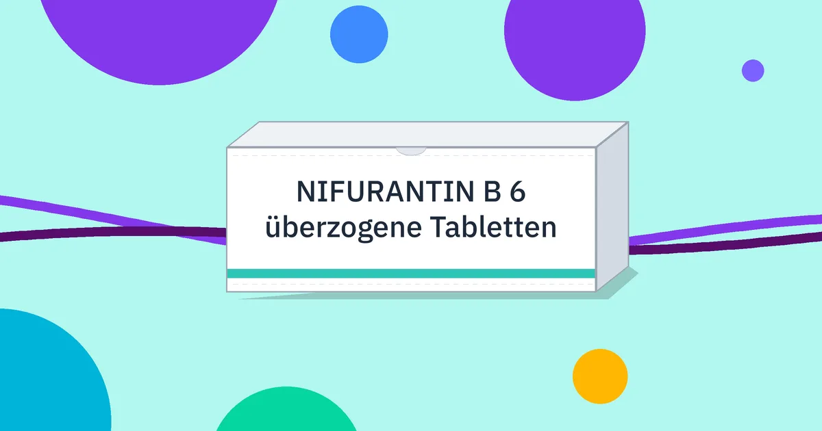 Symbolbild: Packung mit der Aufschrift NIFURANTIN B 6 überzogene Tabletten (PZN 09704872) – Verfügbarkeit und Bezug in Apotheken in Frankfurt am Main