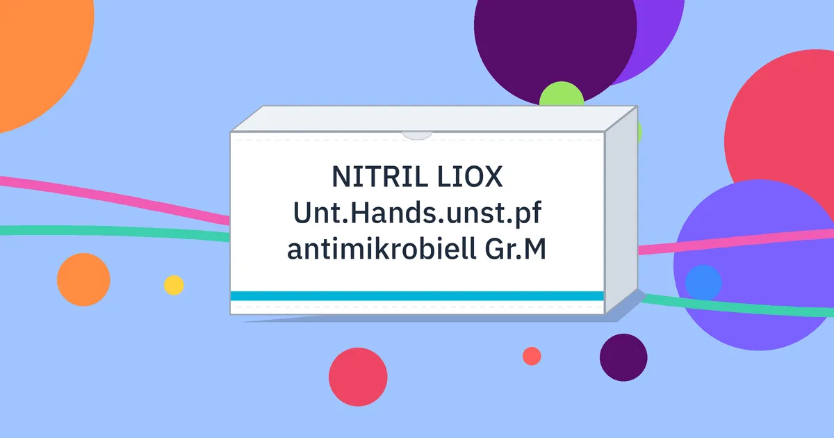 Symbolbild: Packung mit der Aufschrift NITRIL LIOX Unt.Hands.unst.pf antimikrobiell Gr.M (PZN 15377779) – Verfügbarkeit und Bezug in Apotheken in Frankfurt am Main
