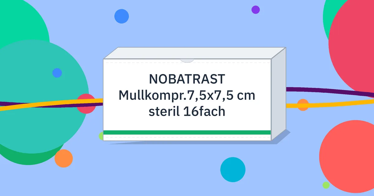 Symbolbild: Packung mit der Aufschrift NOBATRAST Mullkompr.7,5x7,5 cm steril 16fach (PZN 08849025) – Verfügbarkeit und Bezug in Apotheken in Frankfurt am Main